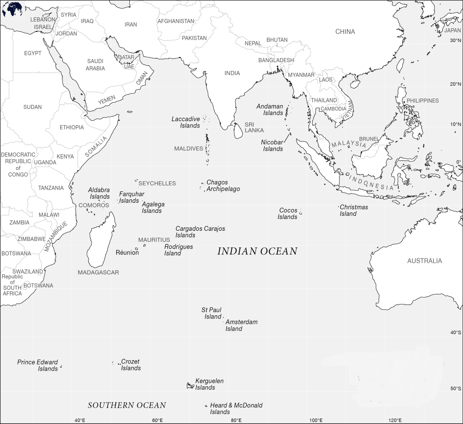 Printable World Map with Indian Ocean in PDF