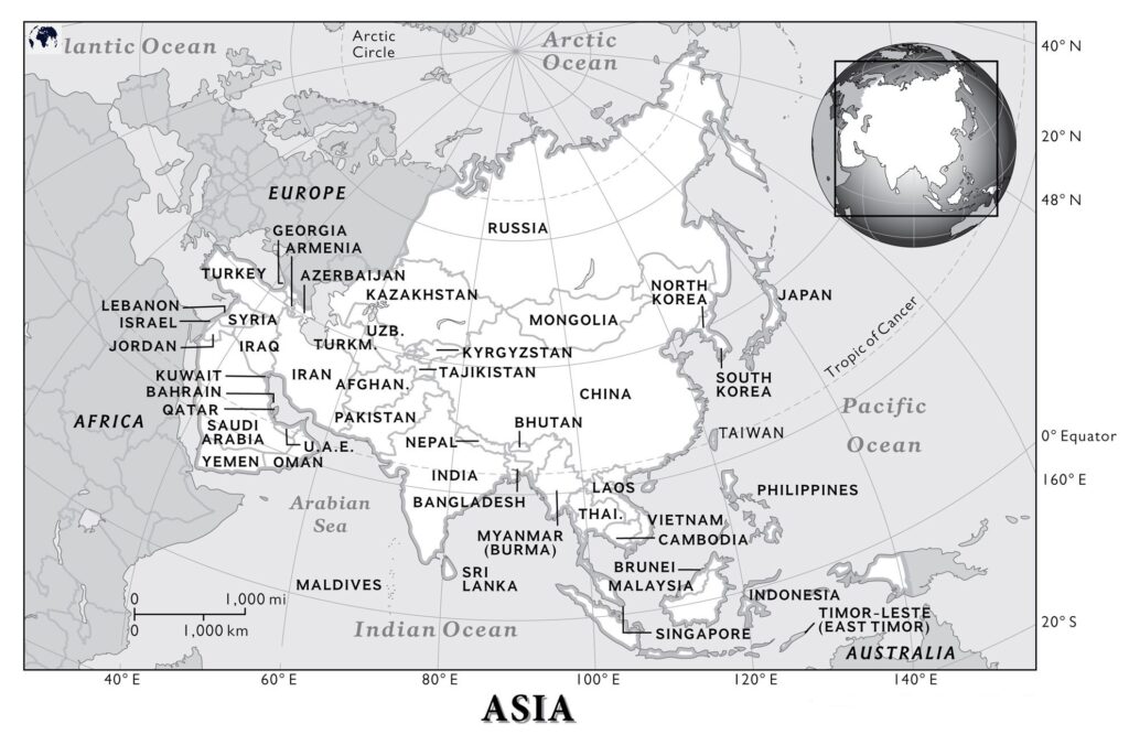 Free Printable Labeled Map of Asia Physical Template PDF