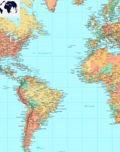 Printable World Map with Atlantic Ocean in PDF