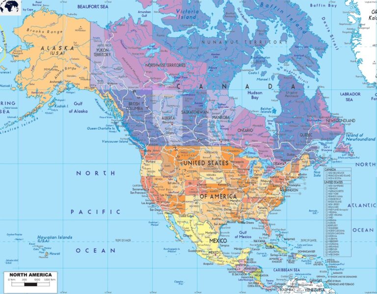 Printable Labeled Map of North America Political with Countries