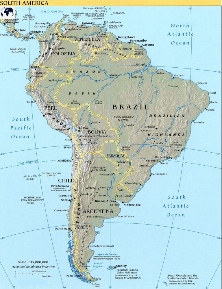 Free Printable Labeled Map of South America Physical PDF