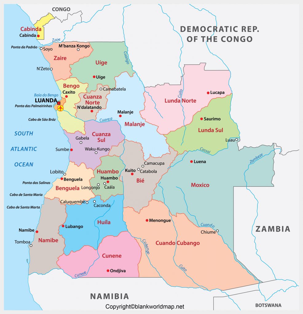 Labeled Map of Angola - Blank World Map