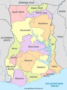 Labeled map of Ghana with Cities, States and Capital