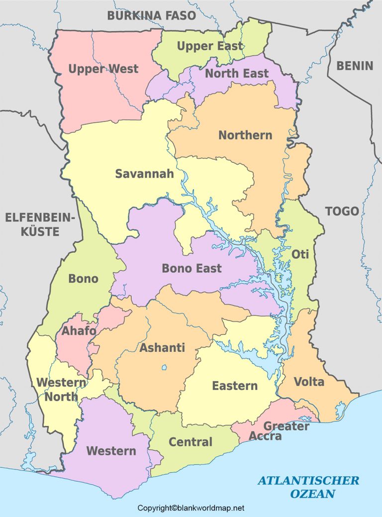 Labeled map of Ghana with Cities, States and Capital