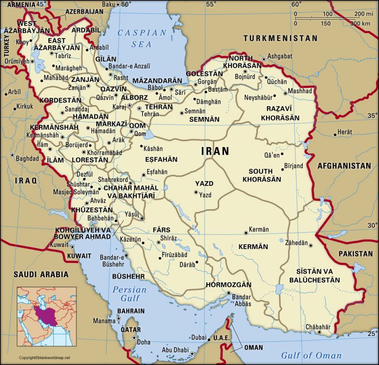 Labeled Map of Iran with States, Cities & Capital