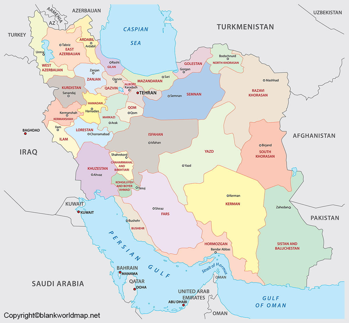 Labeled Map Of Iran With States Cities Capital Labeled Map Of Iran With States Cities Capital