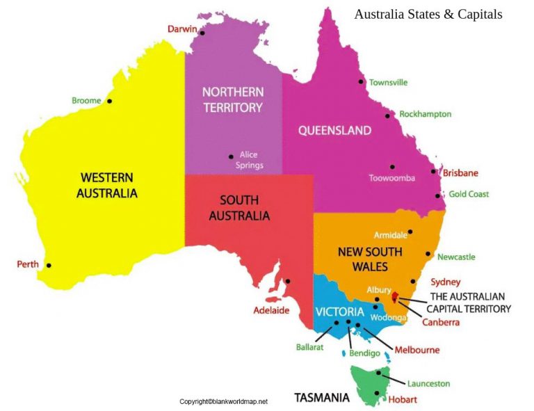 Labeled Map of Australia with States, Cities & Capital