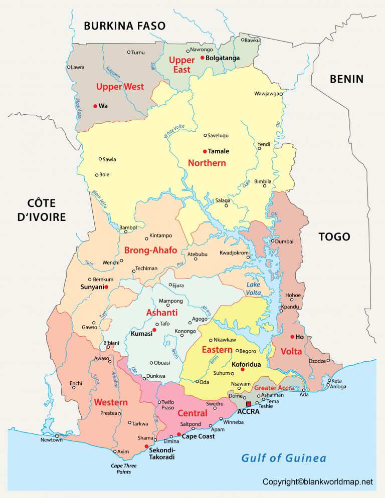 Labeled map of Ghana with Cities, States and Capital