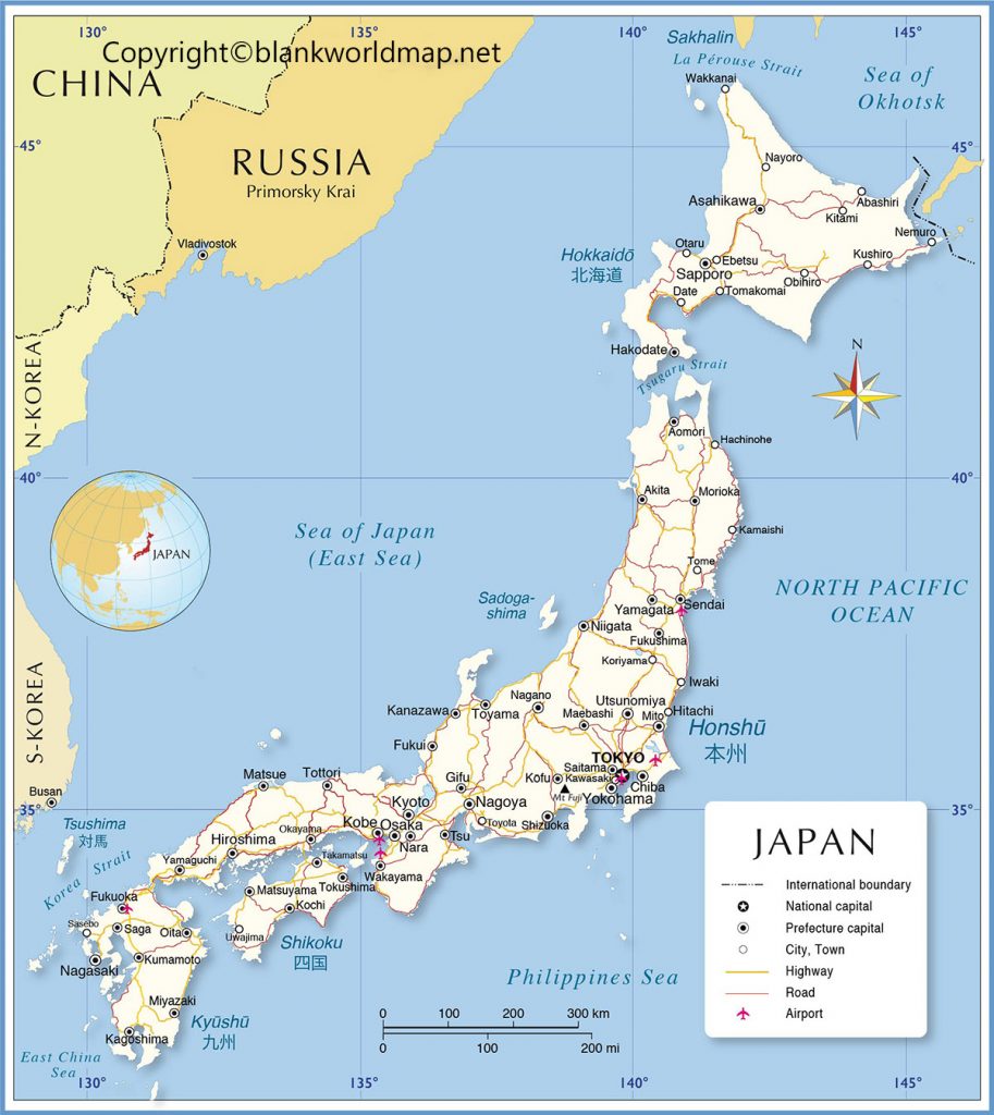 Japan Map with Cities Labeled - Blank World Map