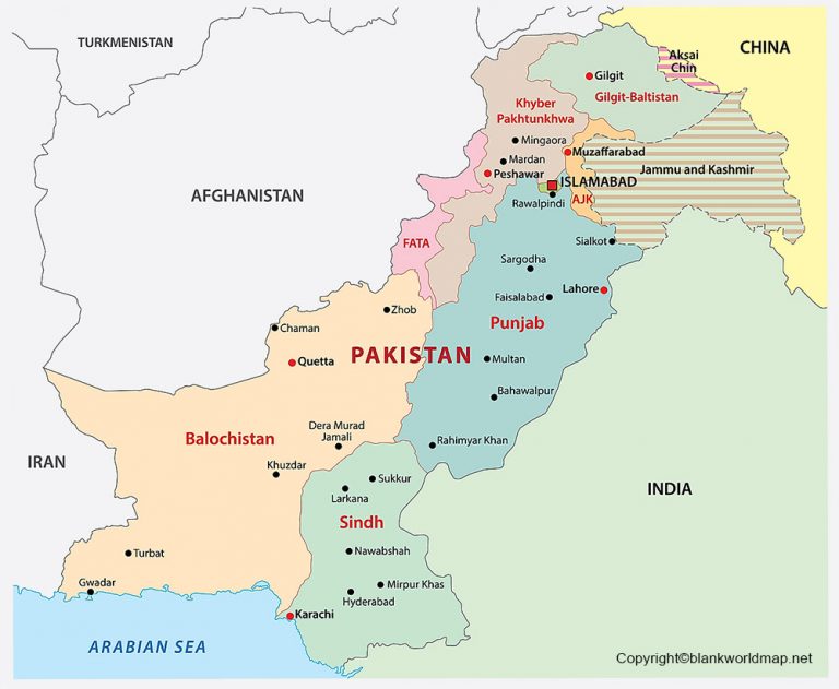 Labeled Map of Pakistan with States, Cities & Capital