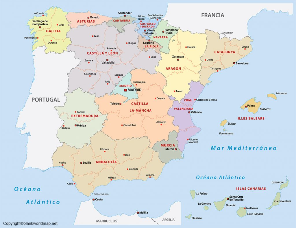 Labeled Map of Spain with States - Blank World Map