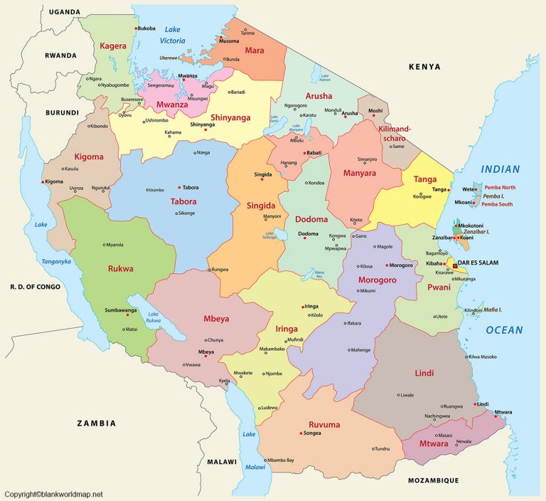 Labeled Tanzania Map - Blank World Map
