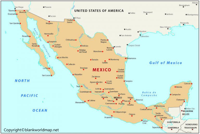 Labeled Map of Mexico with States, Cities & Capital