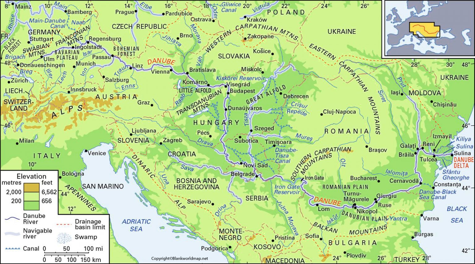 Danube River Map - Where is the Danube River on a Europe Map